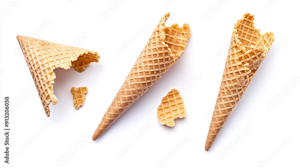 Isolated ice cream wafer cones with broken wafer cones at various ...