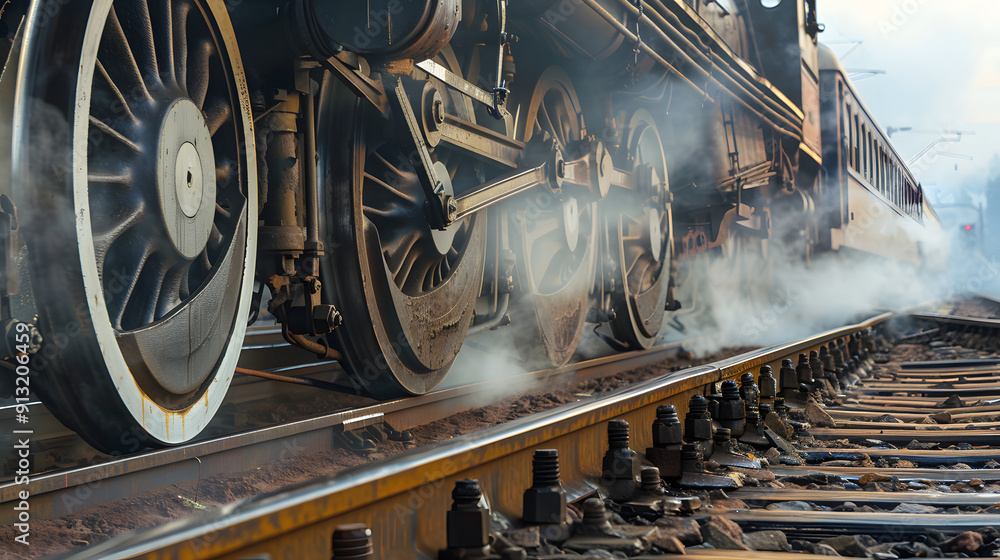 Detailed view of train wheels on steel tracks with fog rolling in ...