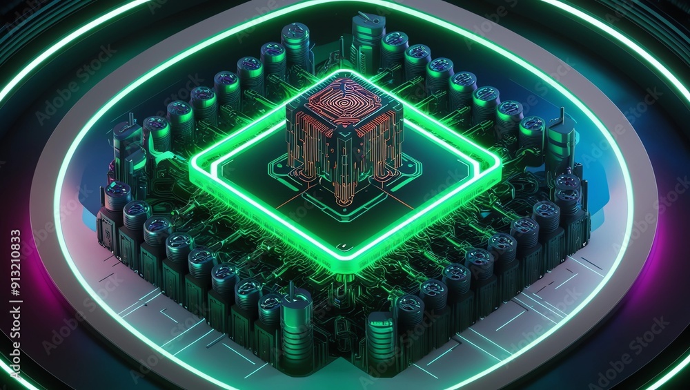 Artificial Intelligence, AI Isometric Icon, Big Data, Computation, Supercomputer Concept, Green ...