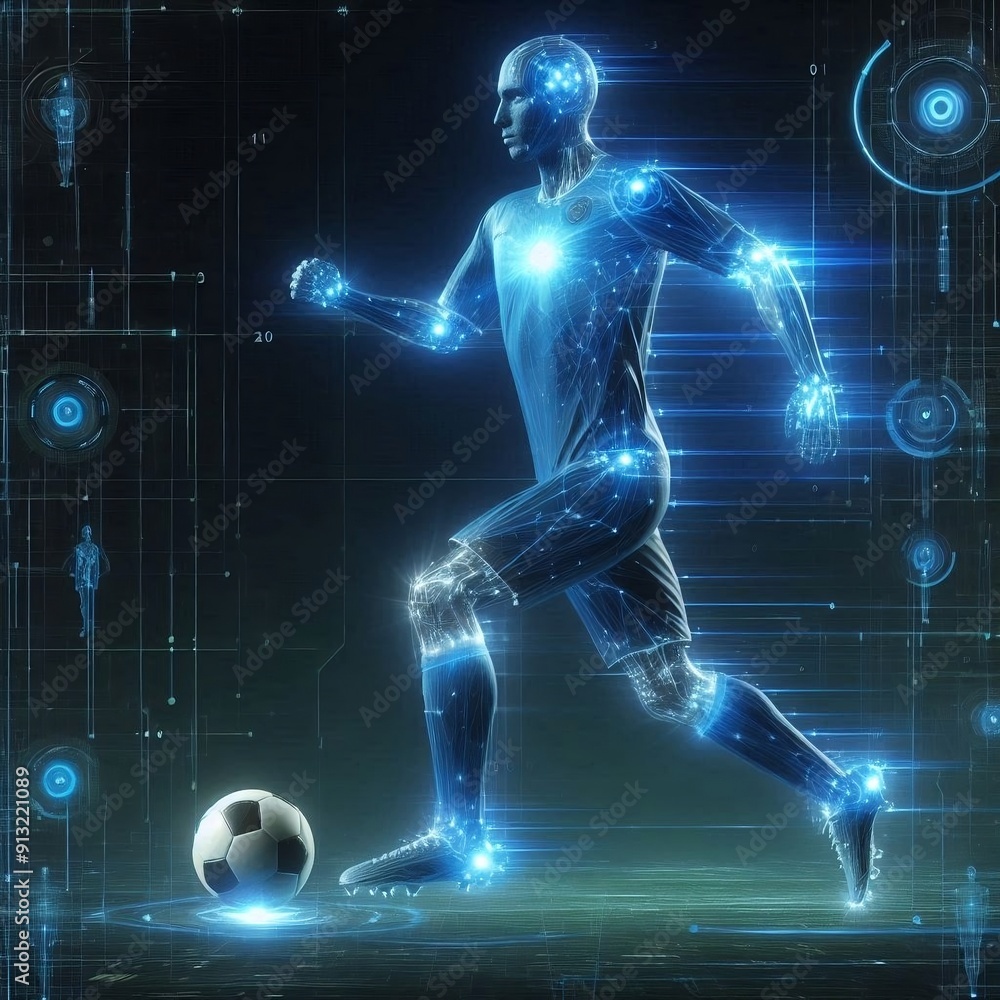 soccer player with glowing data , artificial intelligence into athlete ...