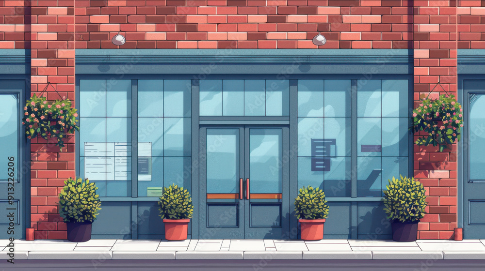 Charming storefront with brick facade and potted plants, creating a ...