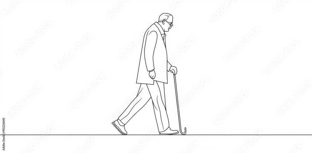 Drawing of an elderly man walking with a cane in a continuous single ...