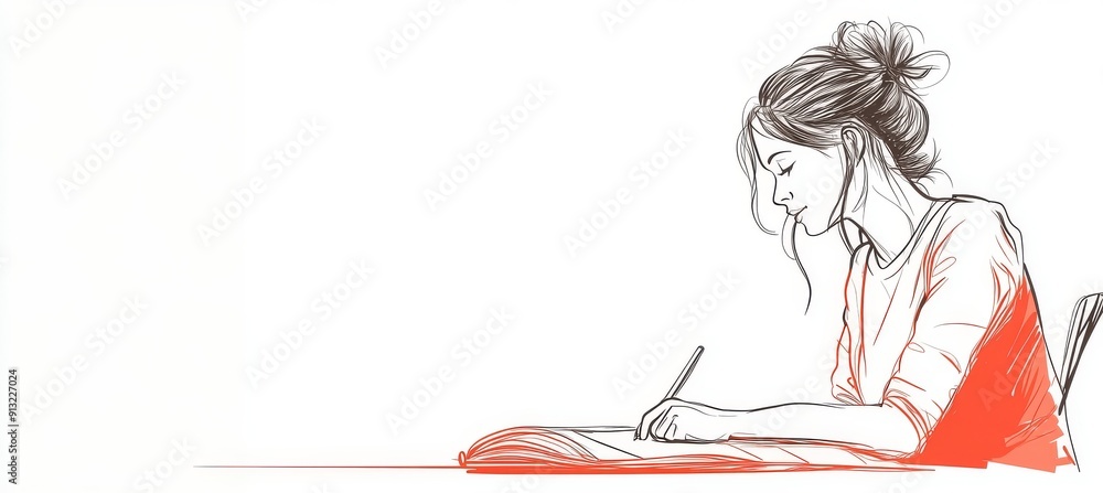 Drawing of a woman taking notes in a journal or diary, line art ...