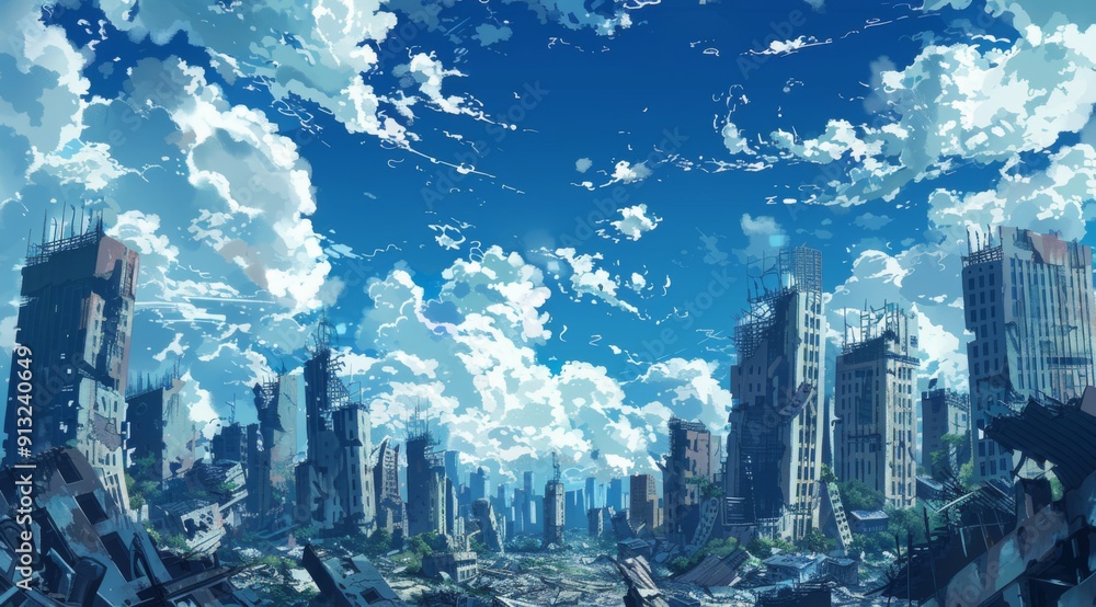 Ruins of the City Under a Blue Sky with White Clouds in Anime Style ...