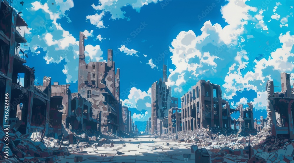 Ruins of the City Under a Blue Sky with White Clouds in Anime Style ...