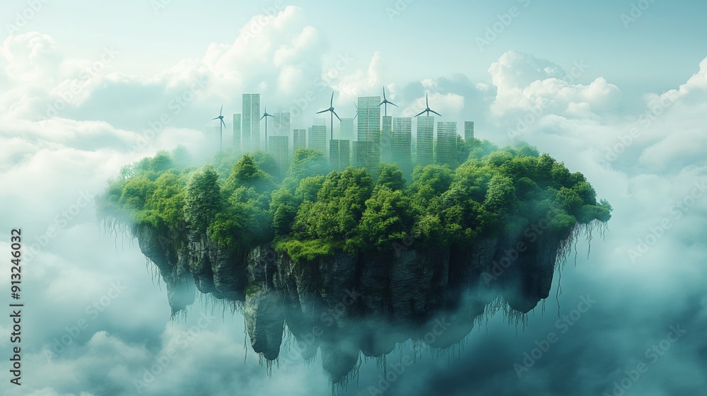 A conceptual image of a floating city with renewable energy ...
