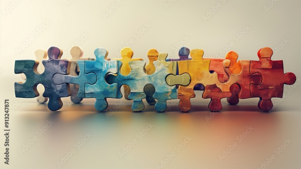 A row of interlocking jigsaw puzzle pieces symbolizes connection and ...