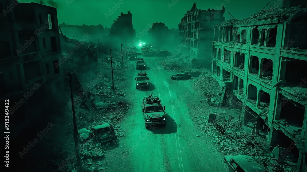 Night Vision Drone Footage of Military Convoy Navigating Through ...