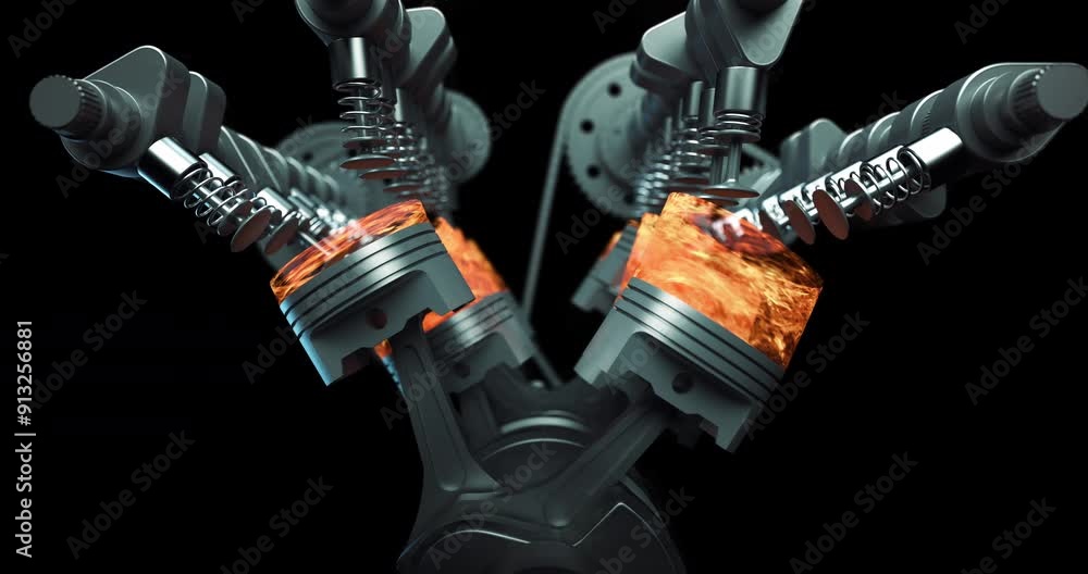 Pistons, Chains And Crankshaft Are Moving. V8 Car Engine. Industry ...