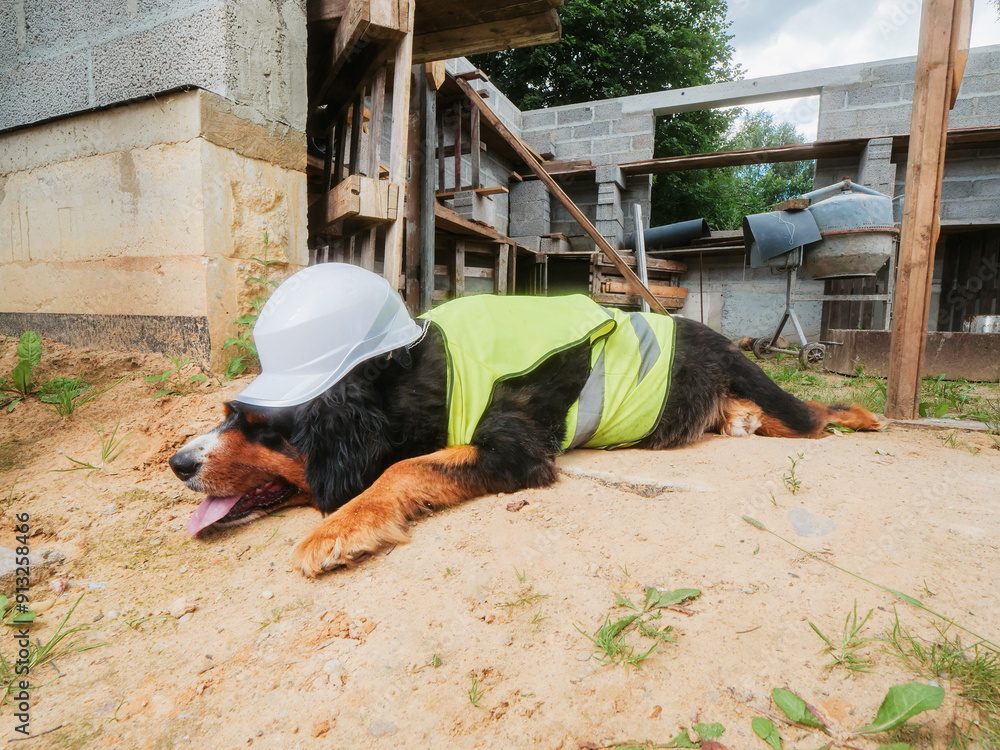 Cute Bearnaise dog sleeping on a construction site wearing high ...