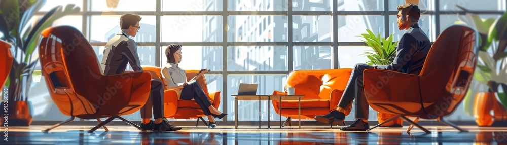 HR lounge, professionals providing interview feedback, natural light ...