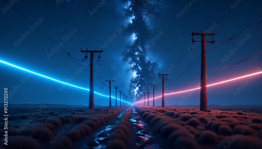 Efficient Power Distribution Grid with High Voltage Tower at Night ...