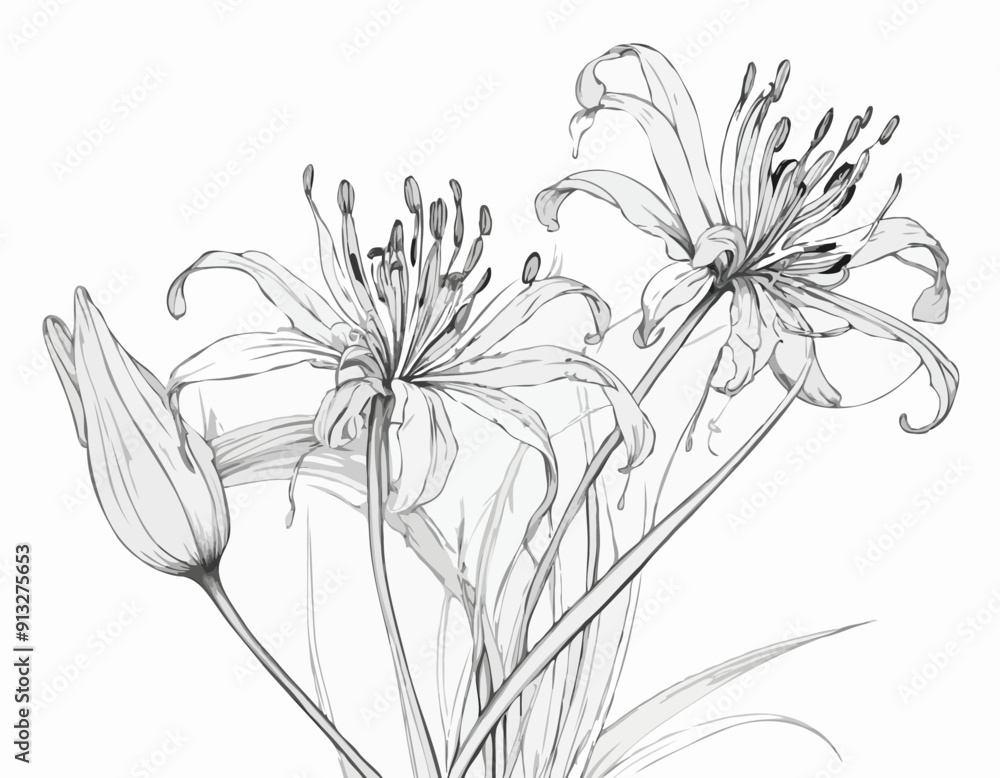 Nerine flower, spider lily, contour black line drawing isolated on ...
