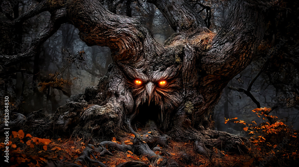 Spooky eerie mystical fantasy tree creature with glowing eyes in a ...