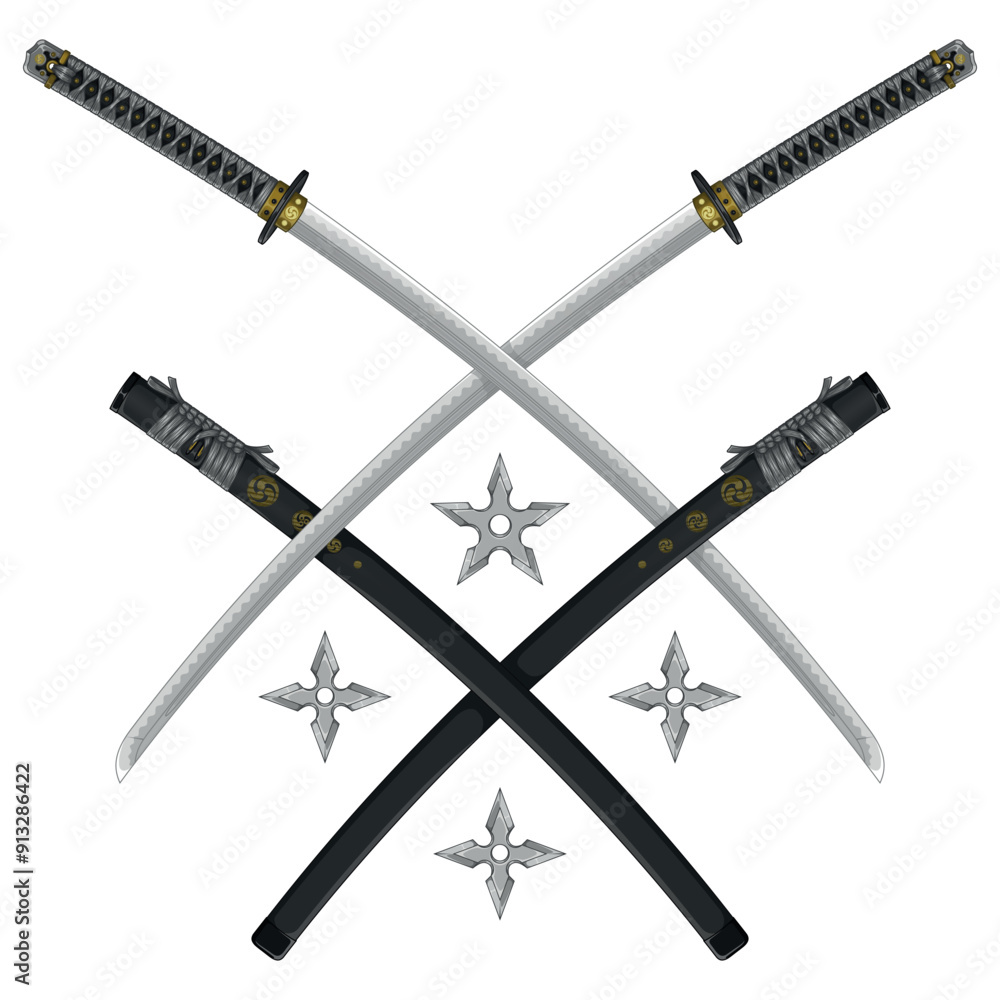 Vector design Katanas crossed with shuriken, katana and shuriken from ...