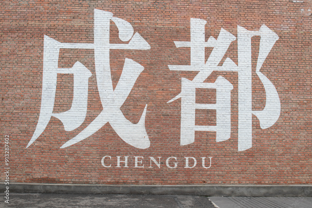 Tourist Attraction in Chengdu, Alphabet Graffiti on the red brick wall ...