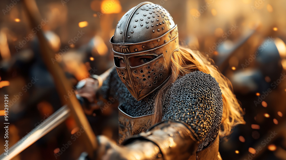 Close-up of a medieval warrior in full armor, wielding a sword. The ...