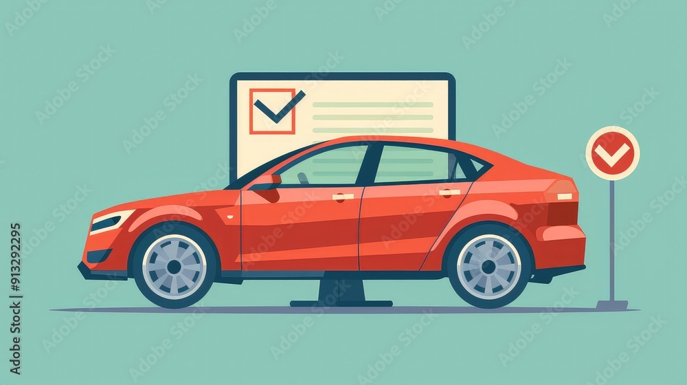Flat Cartoon Auto Test with Checkmark on Computer Screen Depicting Car ...