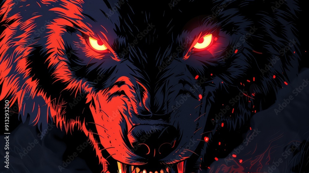Evil Angry Black Wolf with Glowing Red Eyes and Sharp Fangs, Perfect ...