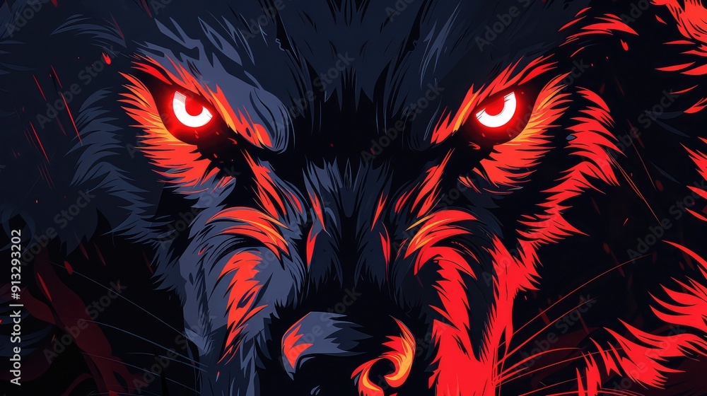 Evil Angry Black Wolf with Glowing Red Eyes and Sharp Fangs, Perfect ...