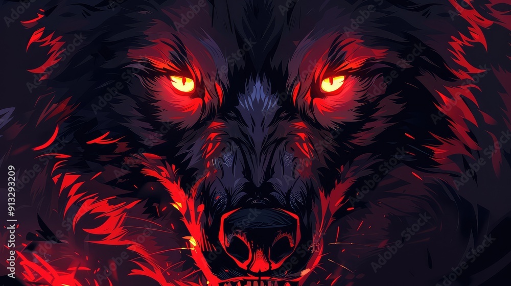 Evil Angry Black Wolf with Glowing Red Eyes and Sharp Fangs, Perfect ...