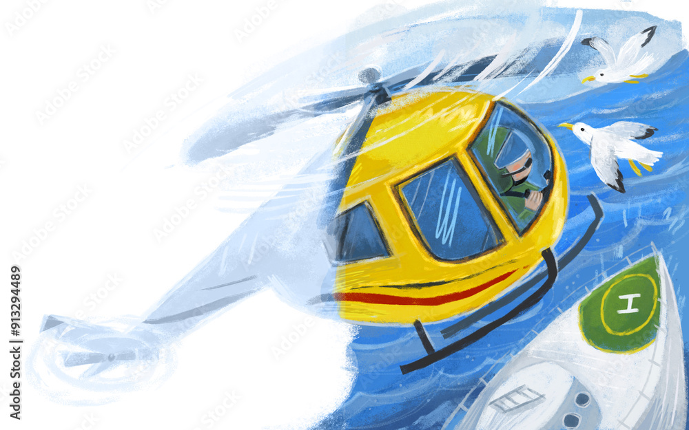 cartoon scene with flying machine rescue helicopter landing on sea ship ...
