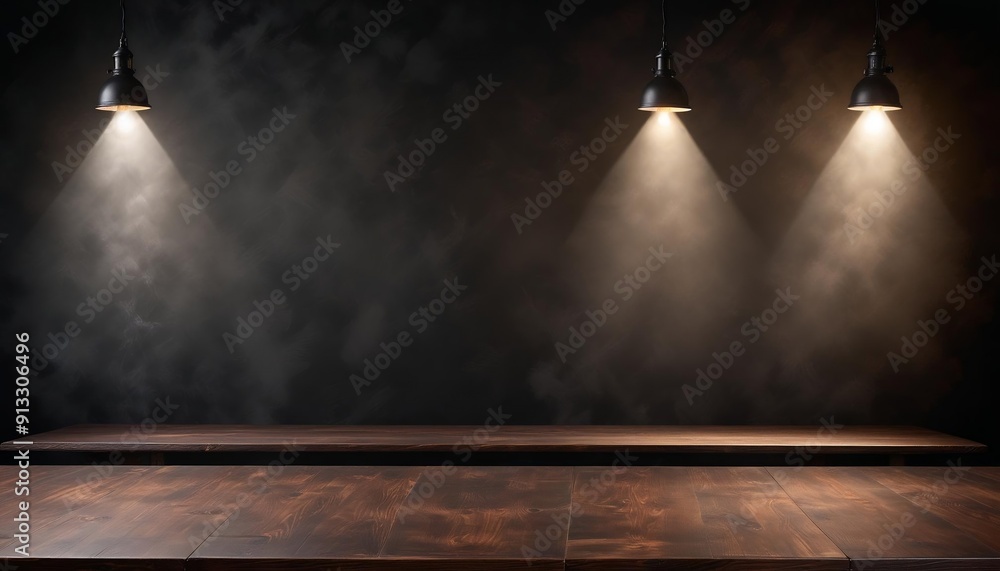 Dark smoky background with a central spotlight on an elegant wooden ...