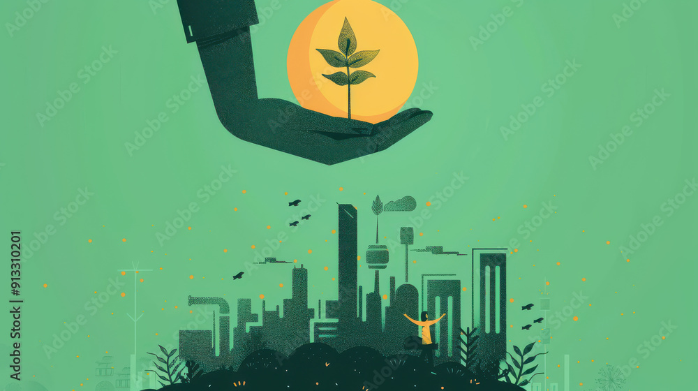 Illustration of carbon emissions reduction: Man hand holding icon for ...