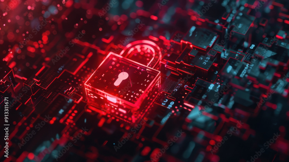 Internet cyber attack scene with a red warning sign and a broken ...
