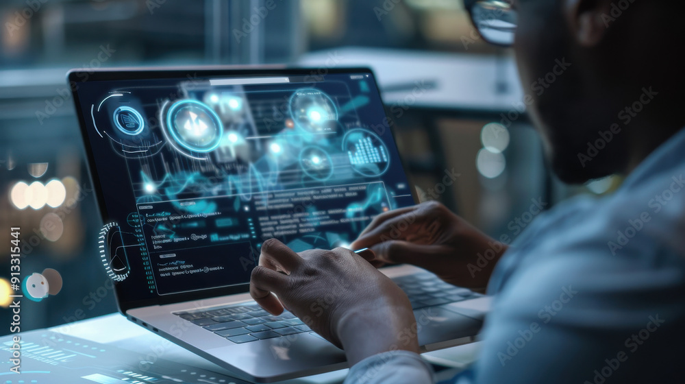 Man creating images with AI technology on a laptop, futuristic UI and ...