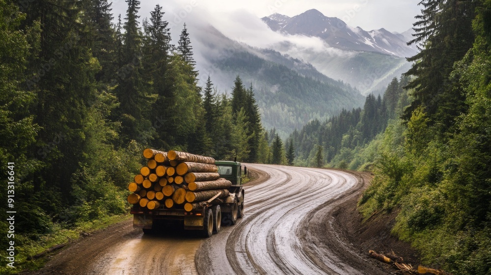 A logging truck carries a load of freshly cut timber along a winding ...