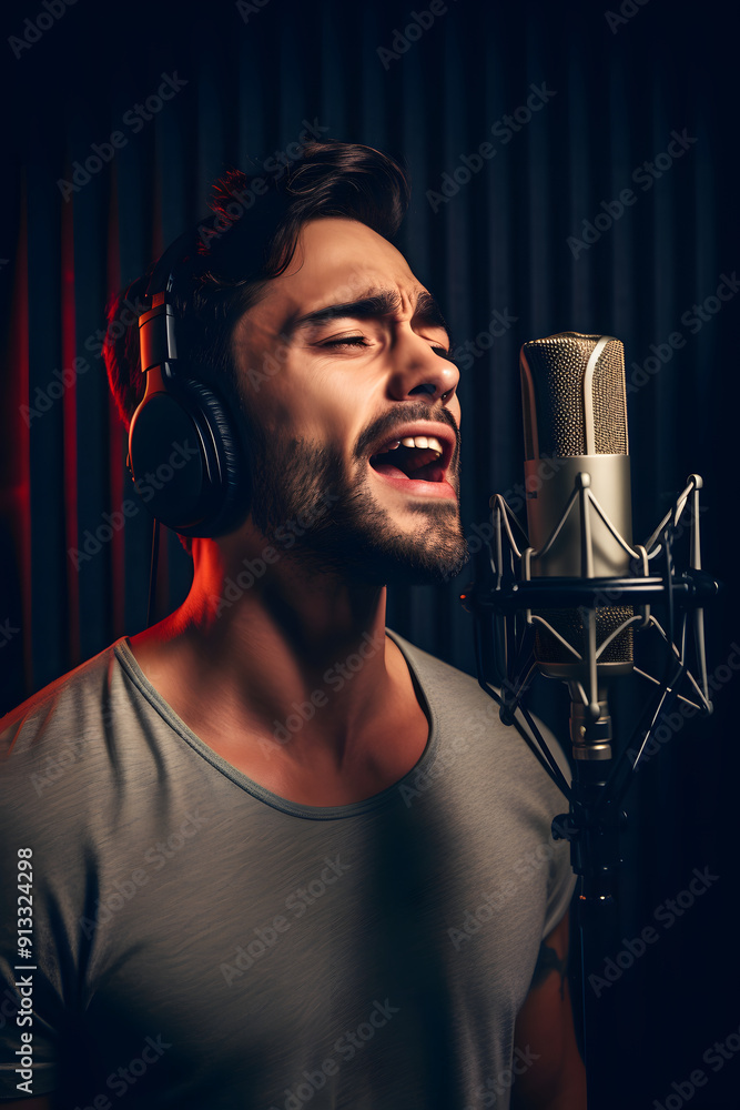 man standing next to microphone singing in the studio, singer studio ...