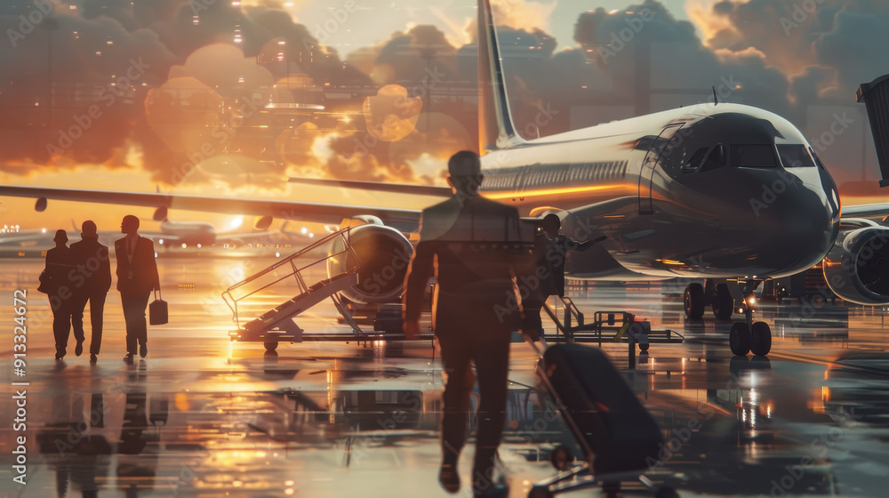 Passengers disembarking from an airplane at an international airport ...