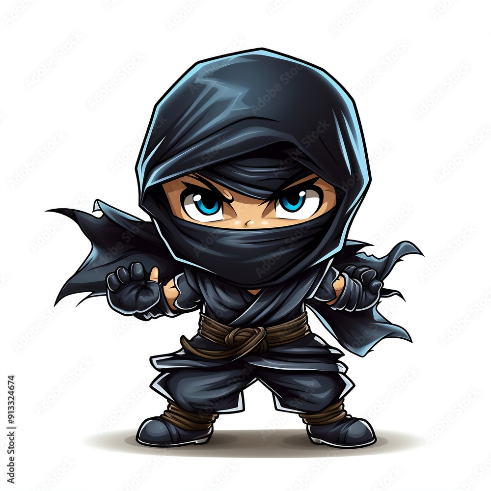 Mini Ninja Warrior: A fierce, cartoon ninja stands ready to strike ...