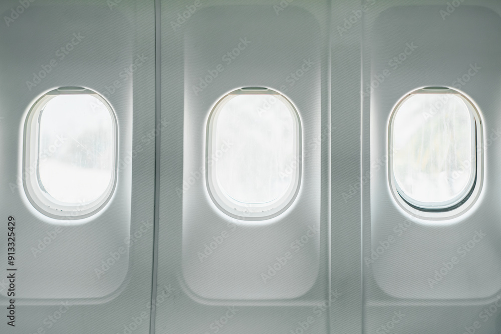 Interior view of an airplane cabin showing three windows with bright ...