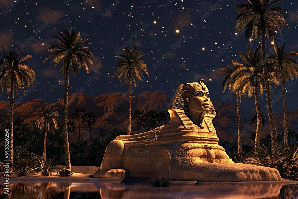 Sphinx with elegant features and a wise expression resting in a desert ...