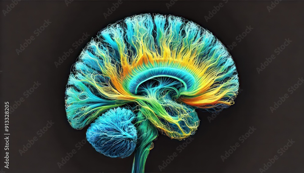 Tractografia colorida, tonos verdes, amarillos y turquesas ...