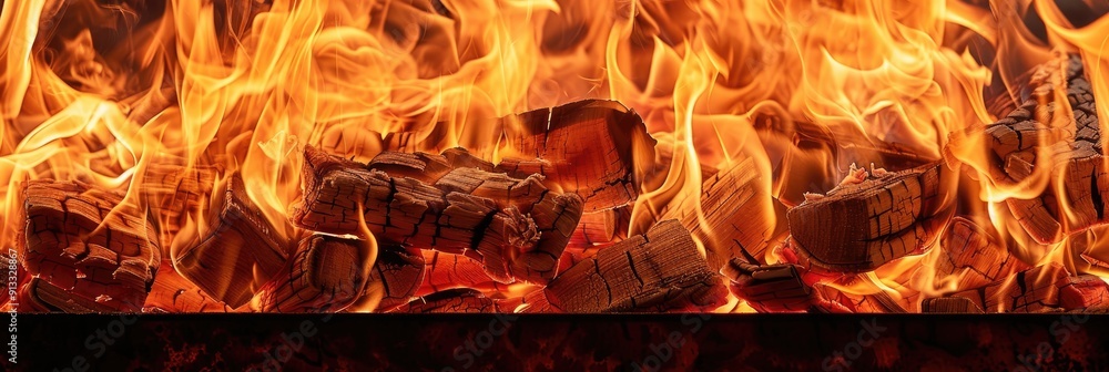 Intense close up of roaring flames emitting high heat powered by wood ...