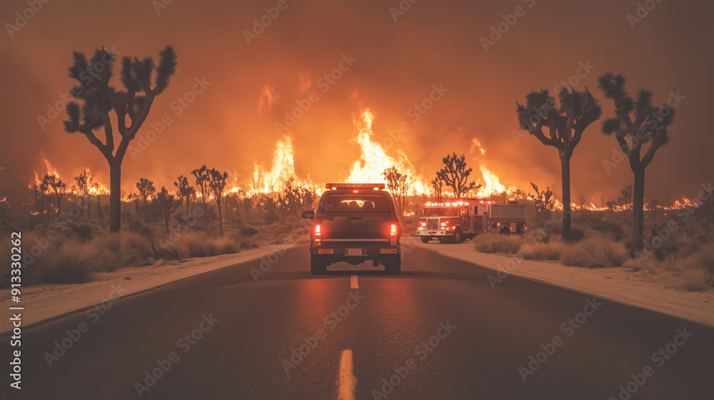 Fire truck driving toward wildfire forest fire landscape natural ...