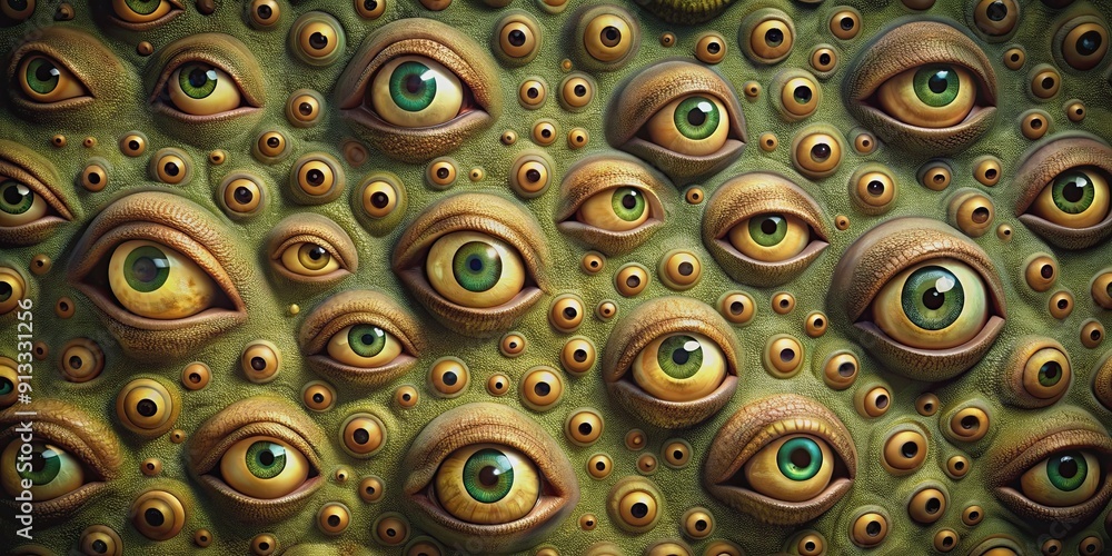ภาพประกอบสต็อก Cluster of reptilian eyes emerging from a textured ...