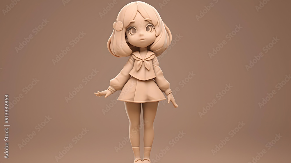 Clay Render: Anime Schoolgirl - A charming 3D model of a young girl in ...