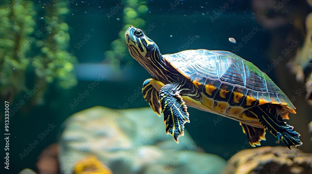 Aquatic Grace: A red-eared slider turtle glides effortlessly through ...