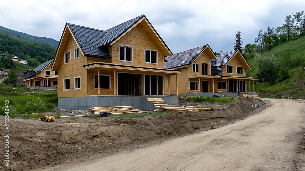 Abandoned construction site with unfinished houses, showing the halted ...