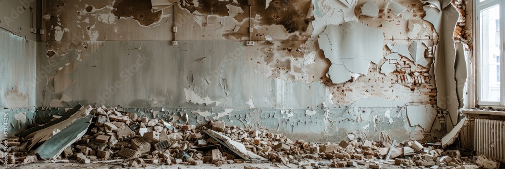 Destroyed walls of a house with exposed fittings Demolition of an old ...