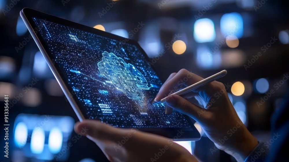 AI, data science, digital technology concept. Computer programmer using digital tablet with AI ...