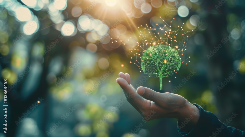 Visualizing carbon footprint concept: Man hand with carbon reduction ...