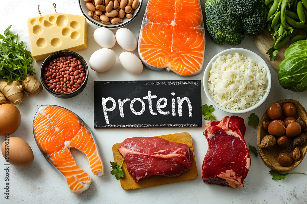 Colorful assortment of protein-rich foods including meat, fish, dairy ...