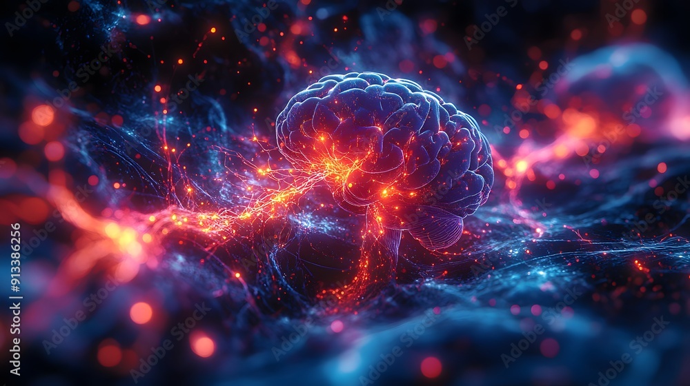 An illustration or CGI of a brain with electrical signals, representing ...