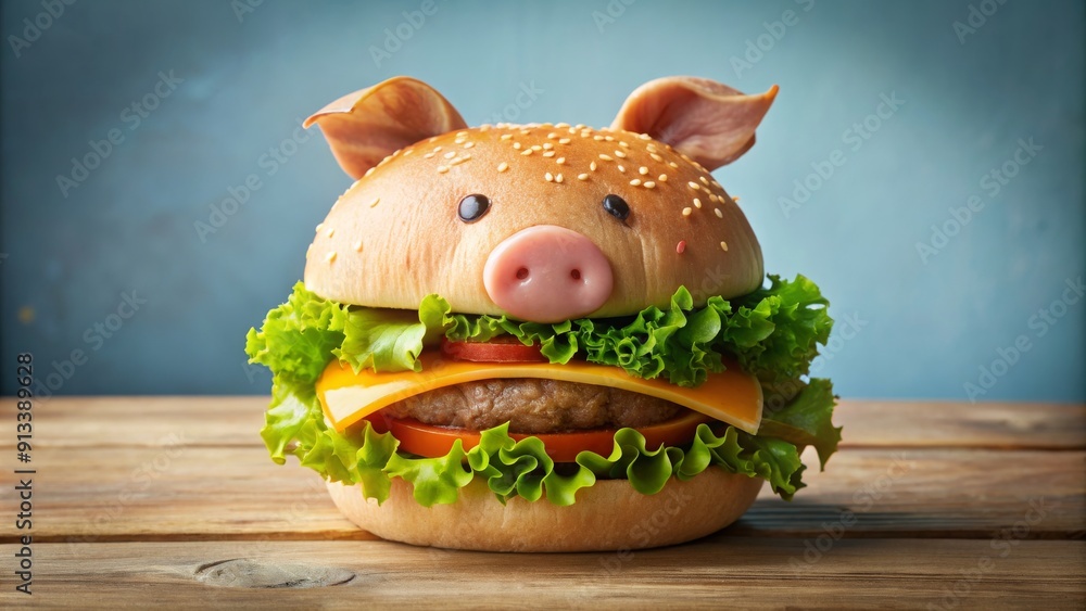 Funny pig-shaped pork burger representing the concept of obesity and ...