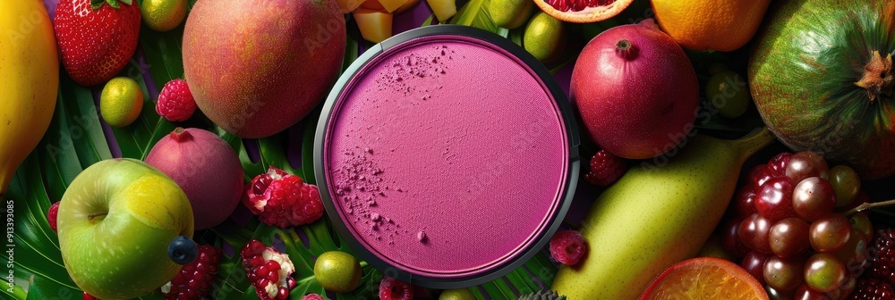 Pink compact powder surrounded by vibrant fruits in a private company ...